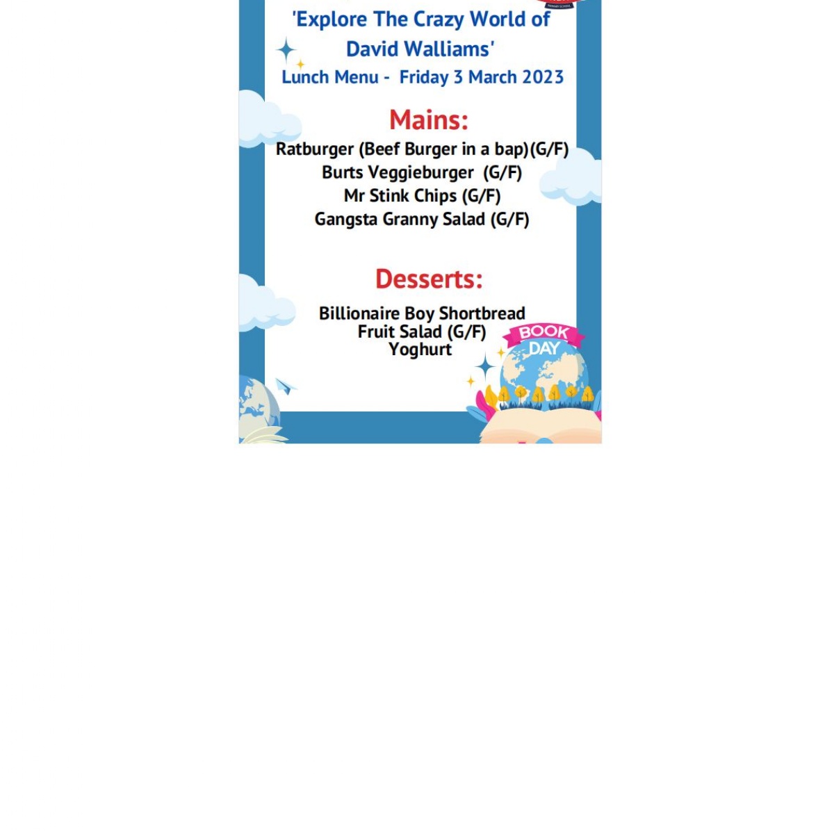 World Book Day Lunch Meny - Tyndale Primary School